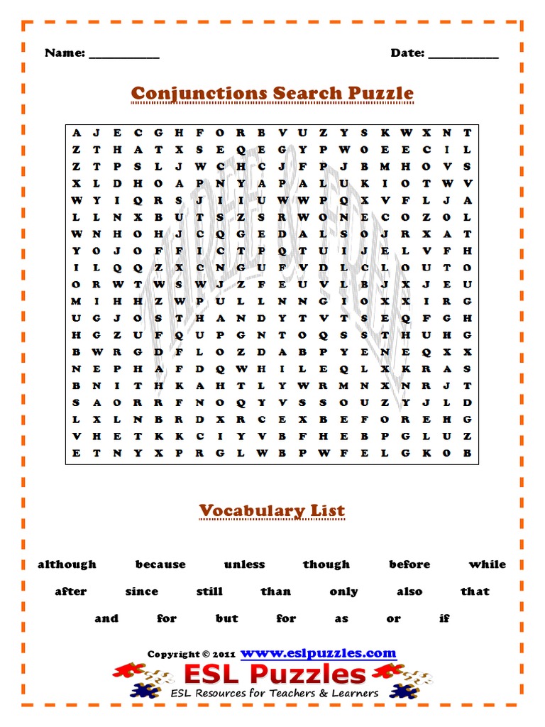 Conjunctions Search Puzzle: Vocabulary List | PDF