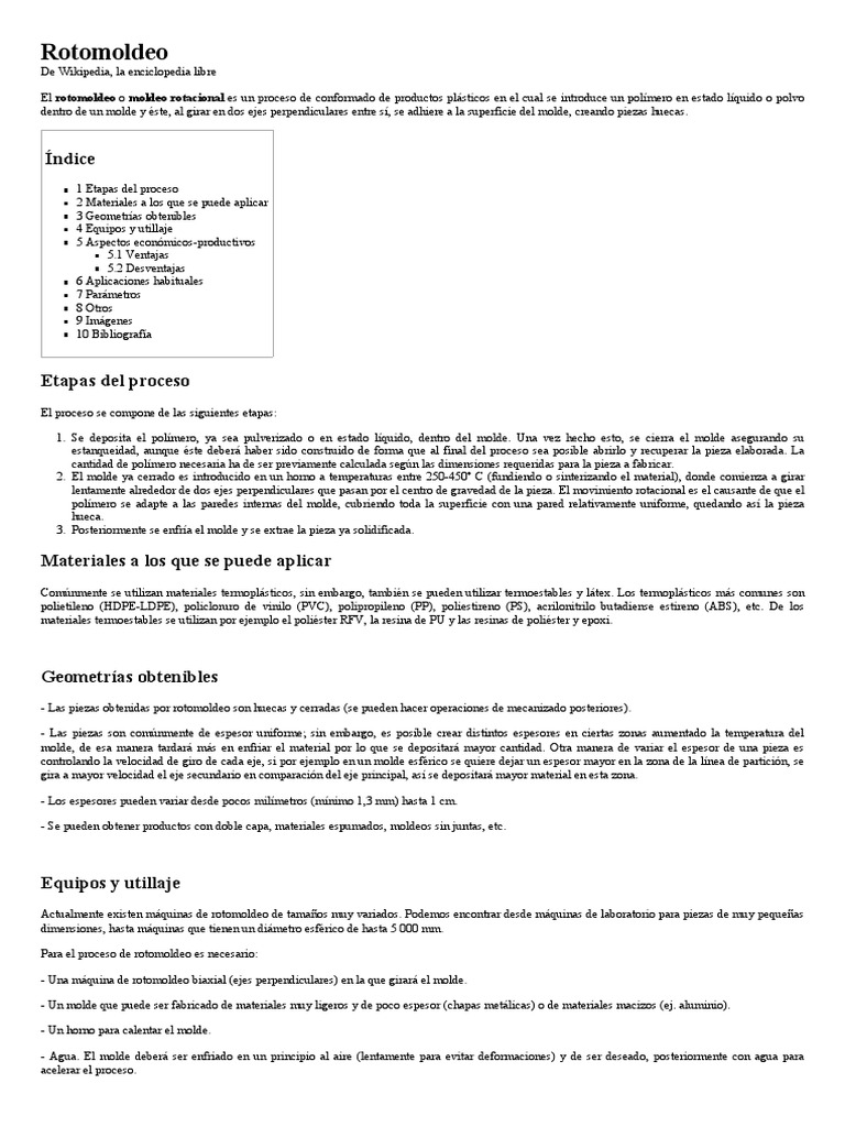 Rotomoldeo - Wikipedia, La Enciclopedia Libre PDF | PDF | Termoplástico ...