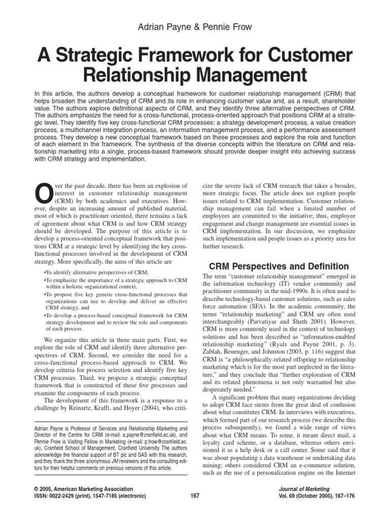 Strategic Framework For CRM - Payne and Frow - JM '05 PDF | PDF ...