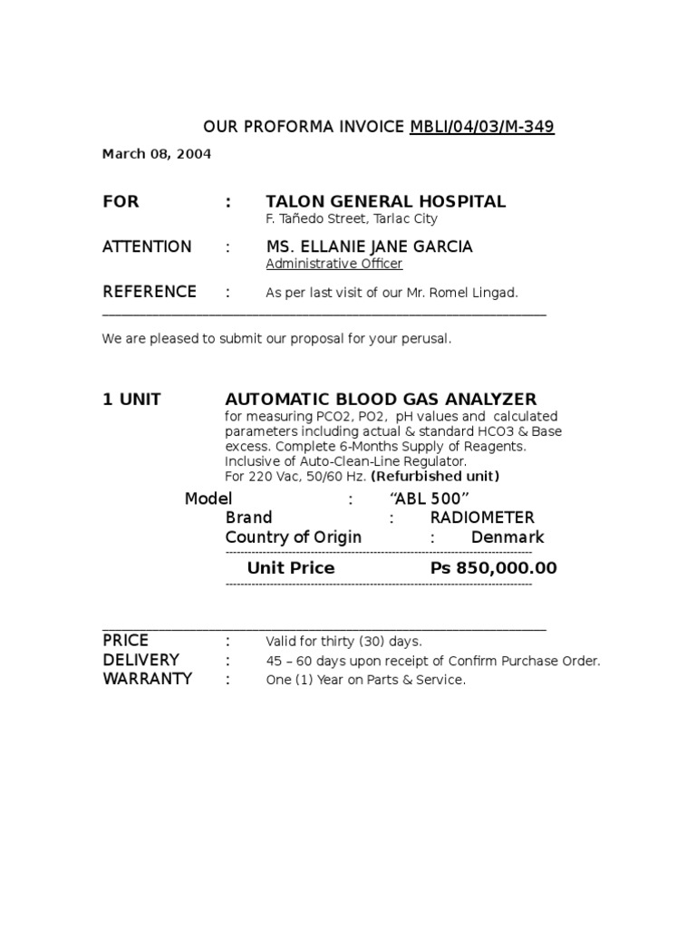 Our Proforma Invoice Mbli/04/03/M-349: FOR: Talon General Hospital | PDF