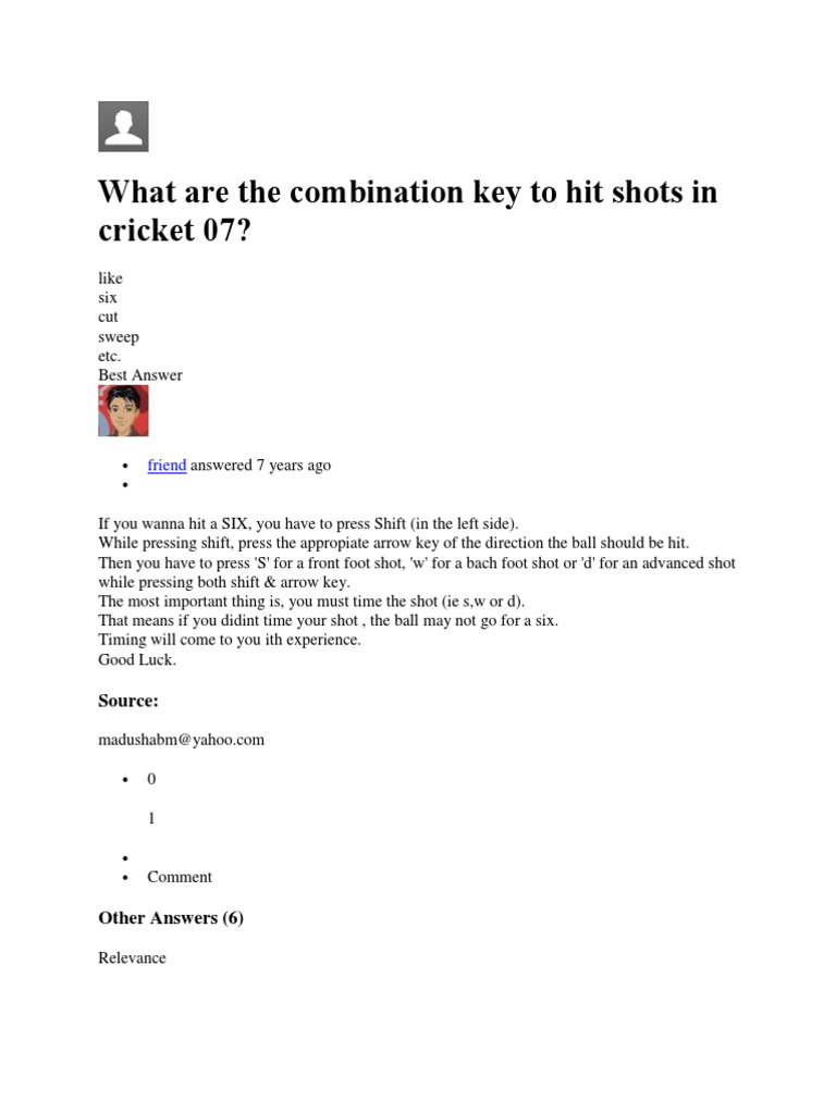 What Are The Combination Key To Hit Shots in Cricket 07 | PDF