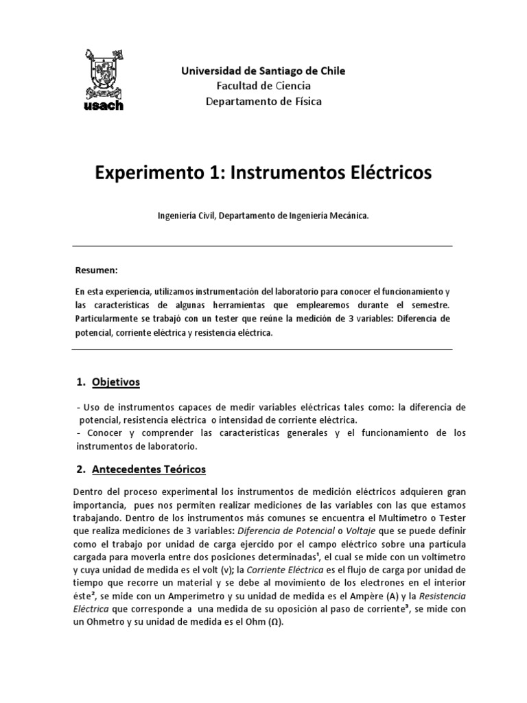 Informe Experimento 1 PDF | PDF | Resistencia Eléctrica y Conductancia | Corriente eléctrica