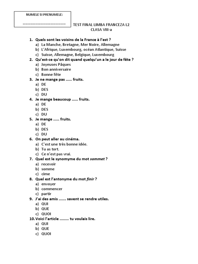 Test Final Limba Franceza Clasa Viii | PDF | Arts du langage et ...