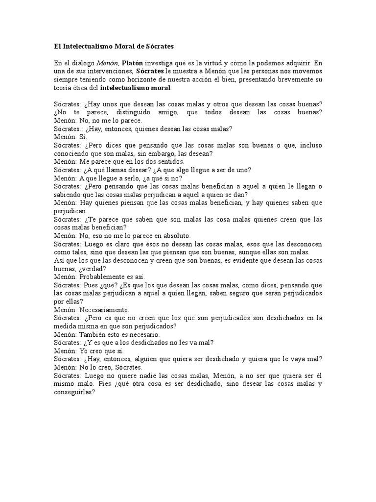 El intelectualismo moral de Sócrates según Platón | PDF