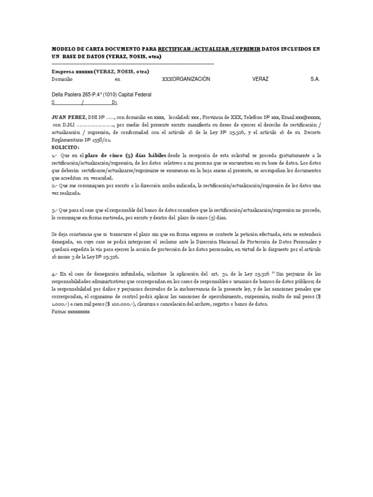 Modelo de Carta Documento para Veraz | PDF
