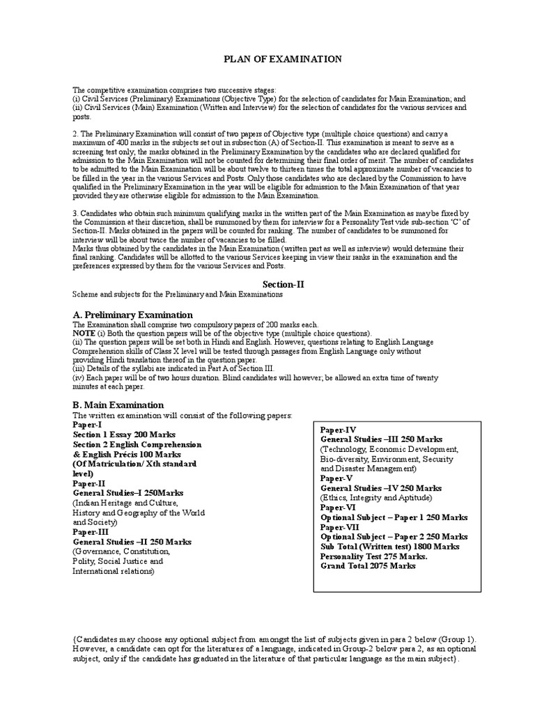 Plan of Examination: NOTE (I) Both The Question Papers Will Be of The ...