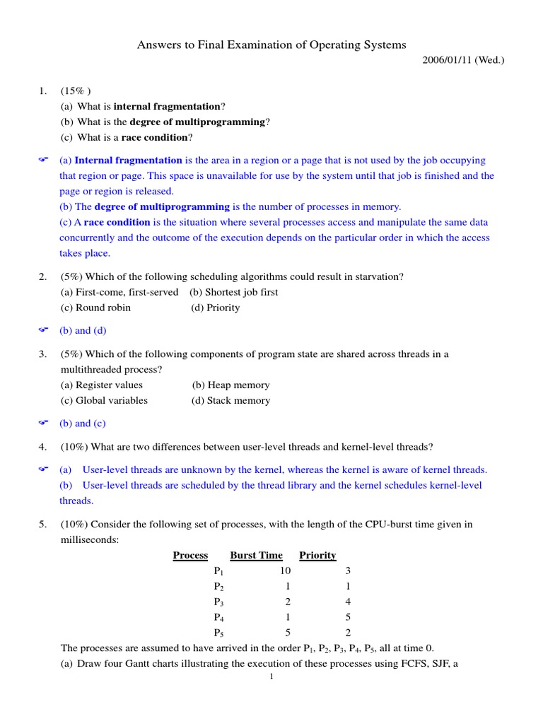 Answers To Final Exam | Download Free PDF | Thread (Computing) | Operating System Technology