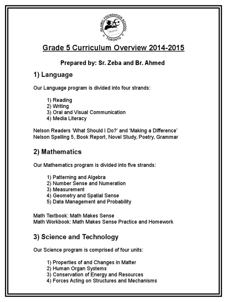 Grade 5 Curriculum Overview 2014-2015: 1) Language | PDF