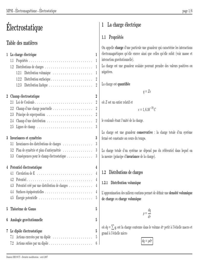 Introduction à l'électrostatique MPSI | PDF