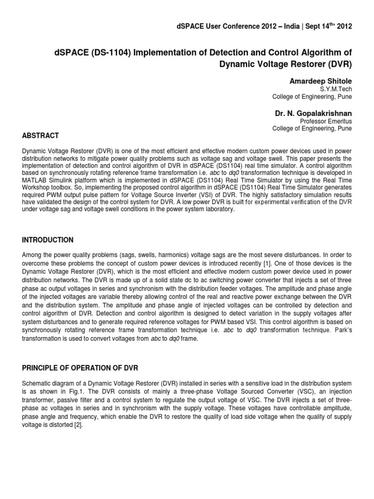 DSPACE (DS-1104) Implementation of Detection and Control Algorithm of Dynamic Voltage Restorer ...