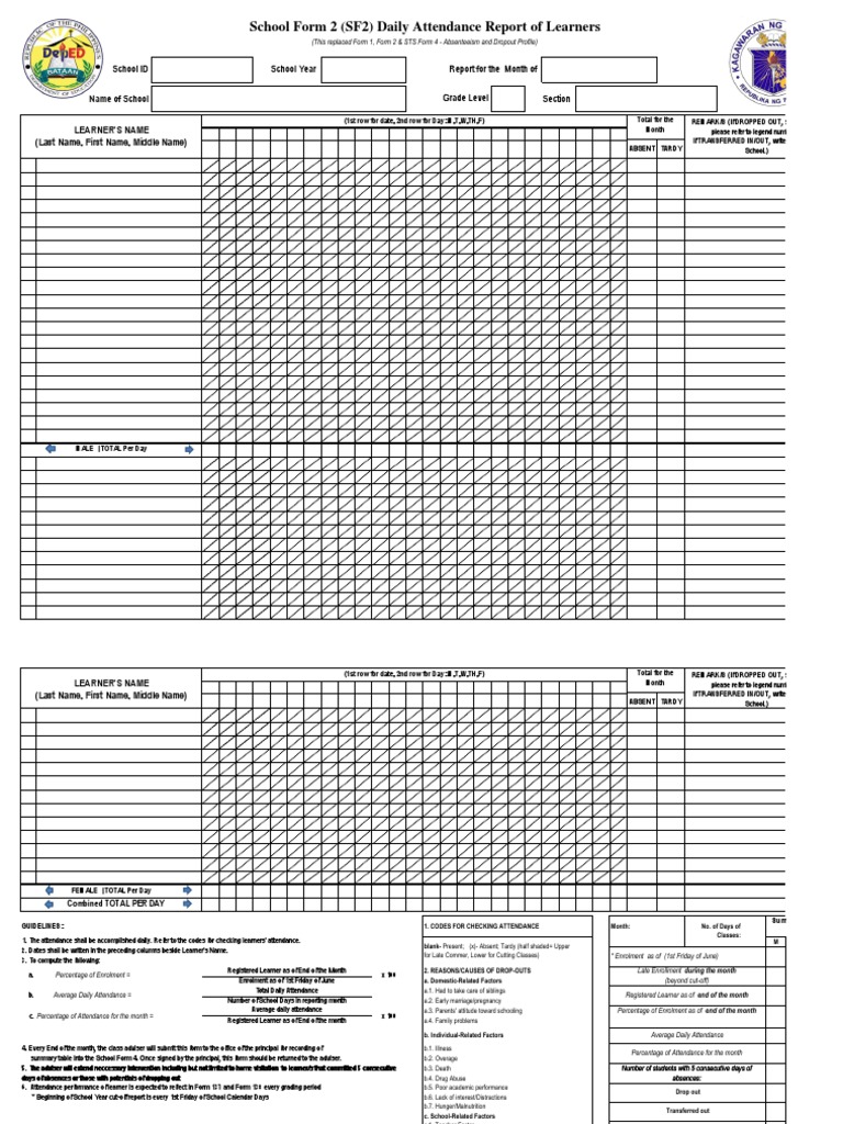 Modified School Form 2 - Daily Attendance Report of Learners (1 ...