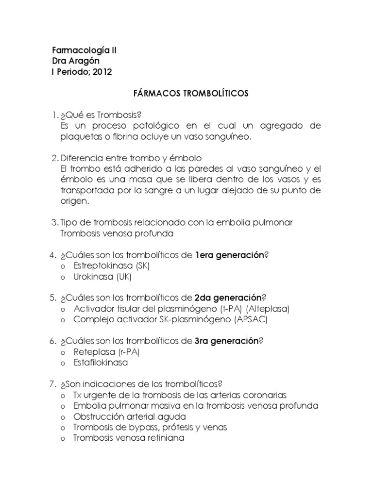 Farmacos Tromboliticos | PDF | Trombo | Embolia
