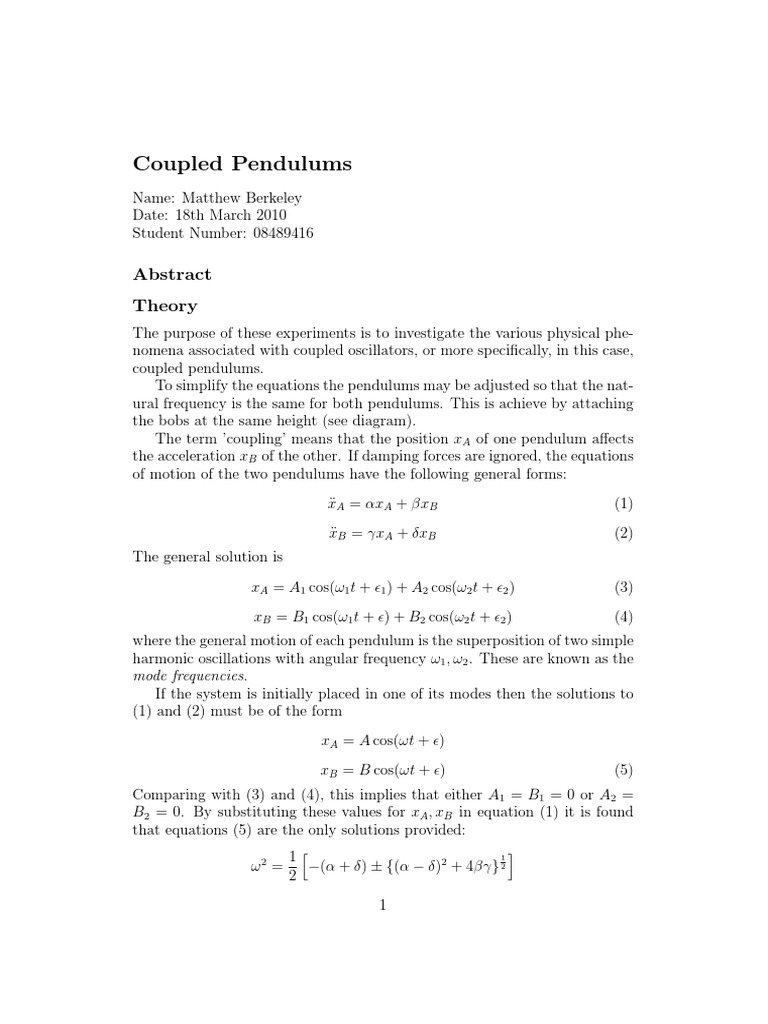Coupled Pendulums | PDF | Normal Mode | Pendulum