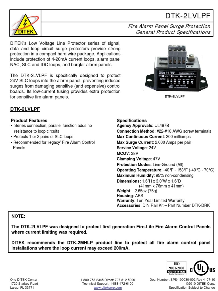 Dtk-2Lvlpf: Fire Alarm Panel Surge Protection General Product ...