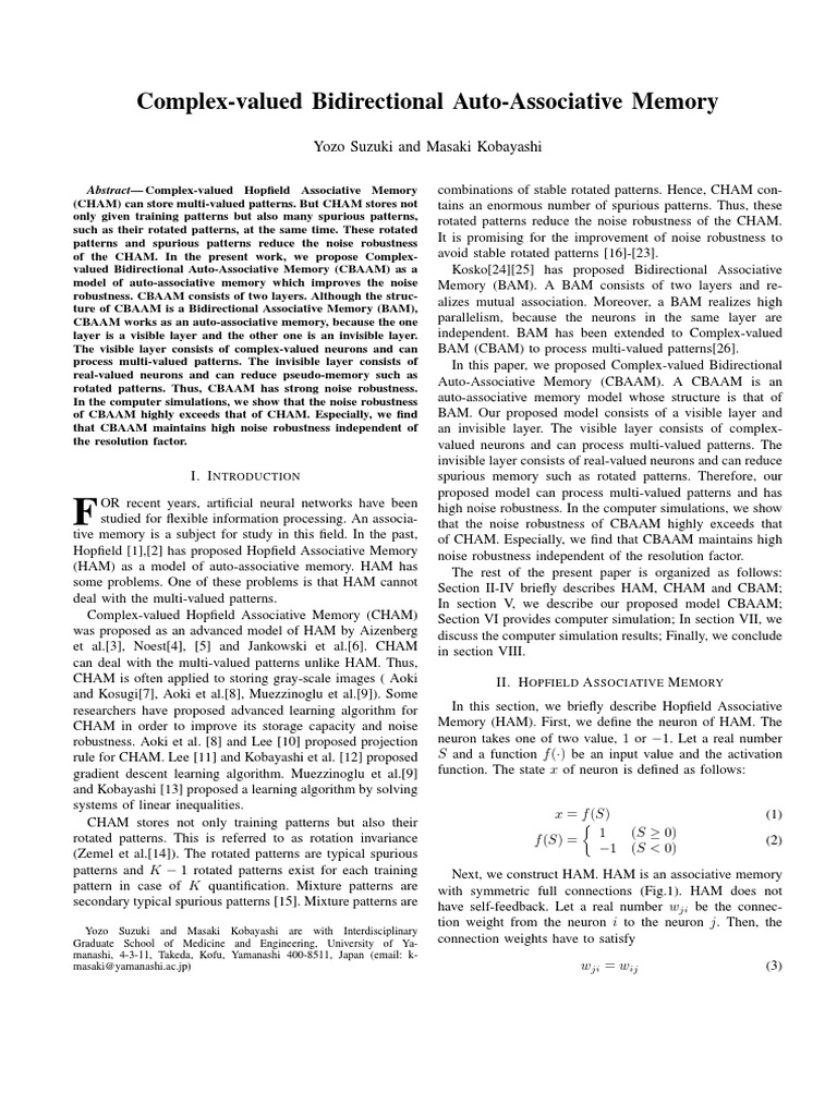 Complex-Valued Bidirectional Auto-Associative Memory: Yozo Suzuki and Masaki Kobayashi | PDF ...