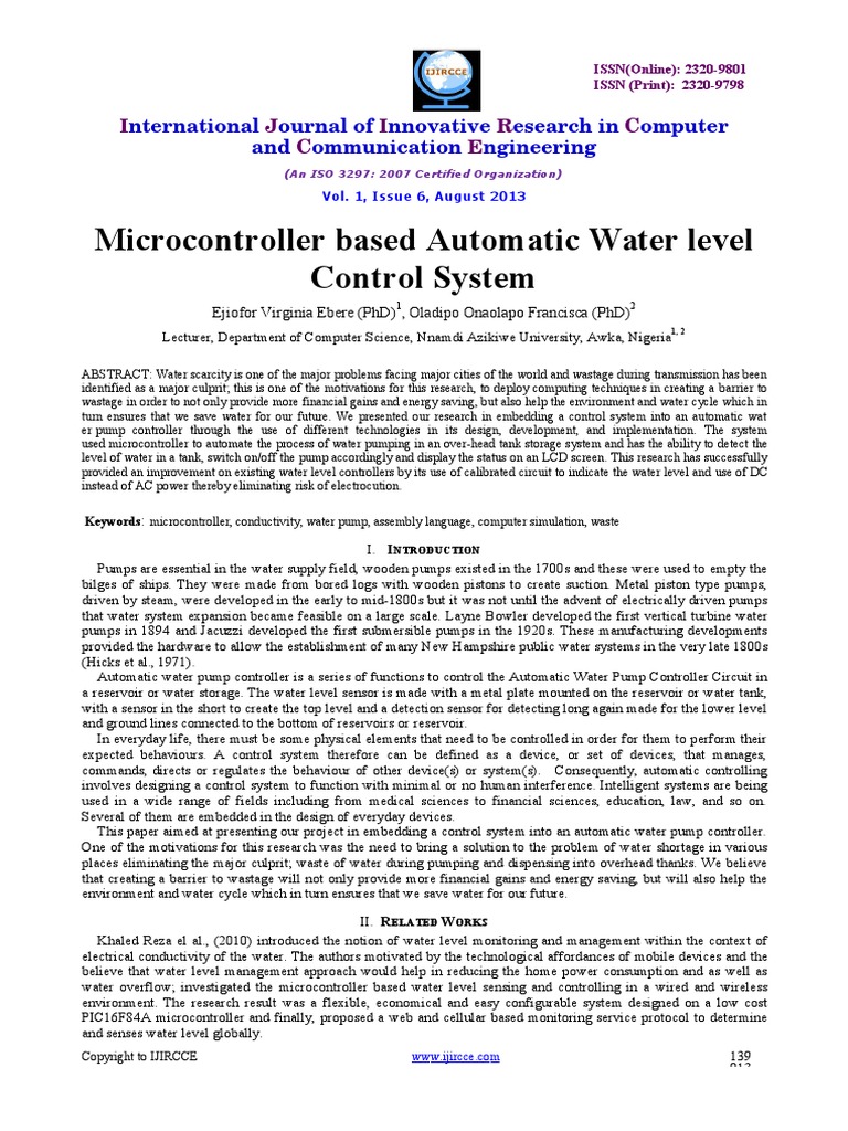 Microcontroller Based Automatic Water Level Control System | PDF | Nature