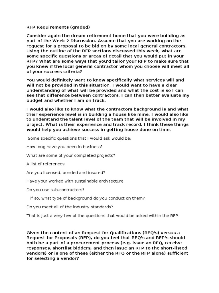 PROJ 410 Week 3 RFP Requirements Discussion Questions 1 Complete Answer ...