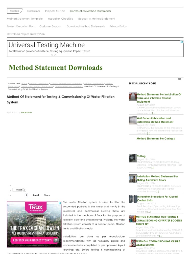 Method of Statement For ... Water Filtration System | PDF