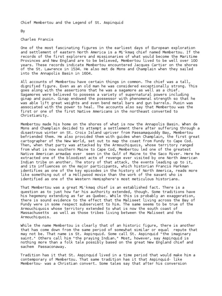 Chief Membertou and The Legend of St. Aspinquid | PDF | Nova Scotia ...