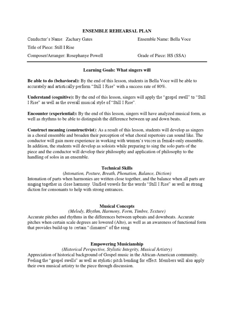 Bella Voce Rehearsal Plan for "Still I Rise" | PDF | Singing | Conducting