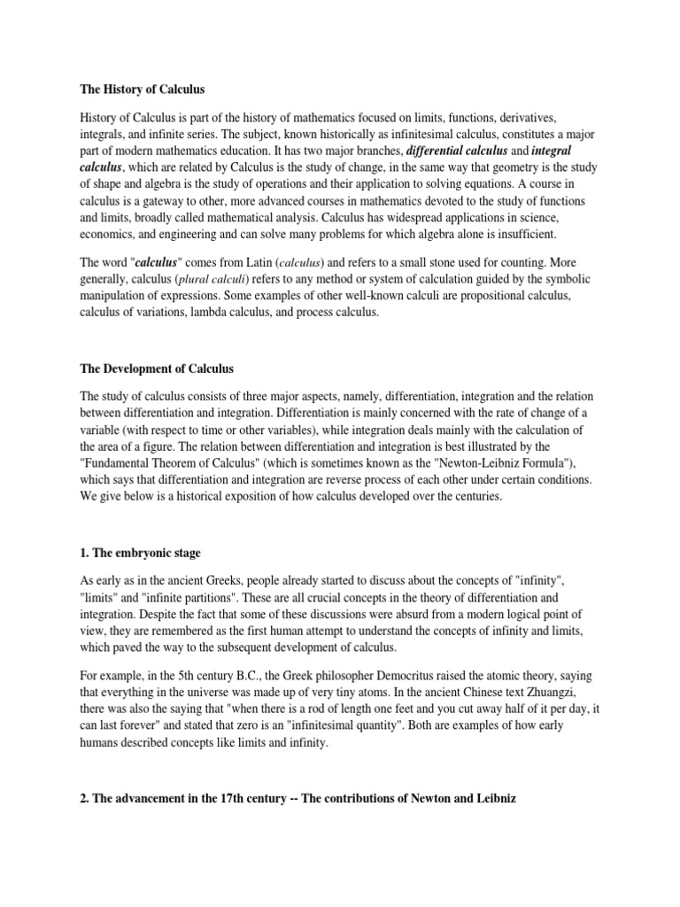 The Development and Consolidation of Calculus: From Its Embryonic ...