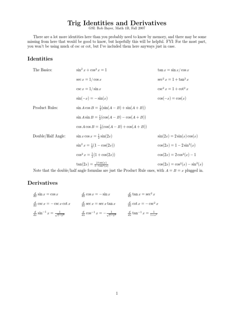 Trig Identities and Derivatives | PDF