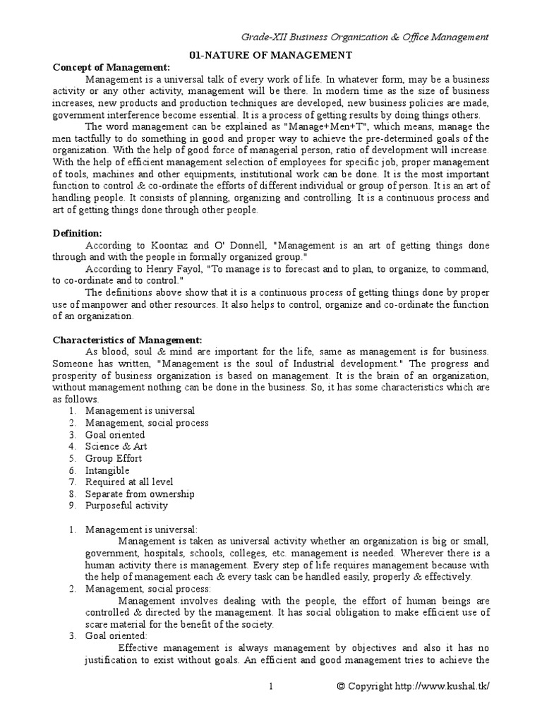 01-Nature of Management Concept of Management:: Grade-XII Business ...