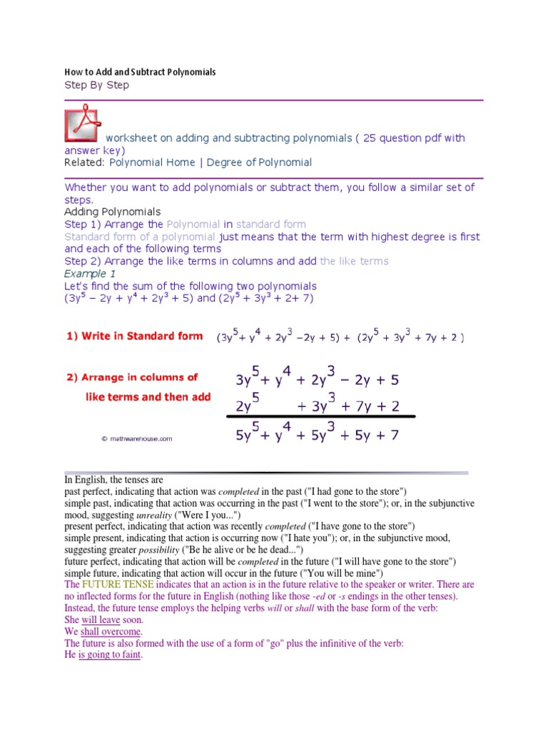 Adding and Subtracting Polynomials Guide | PDF | Grammatical Tense | Verb