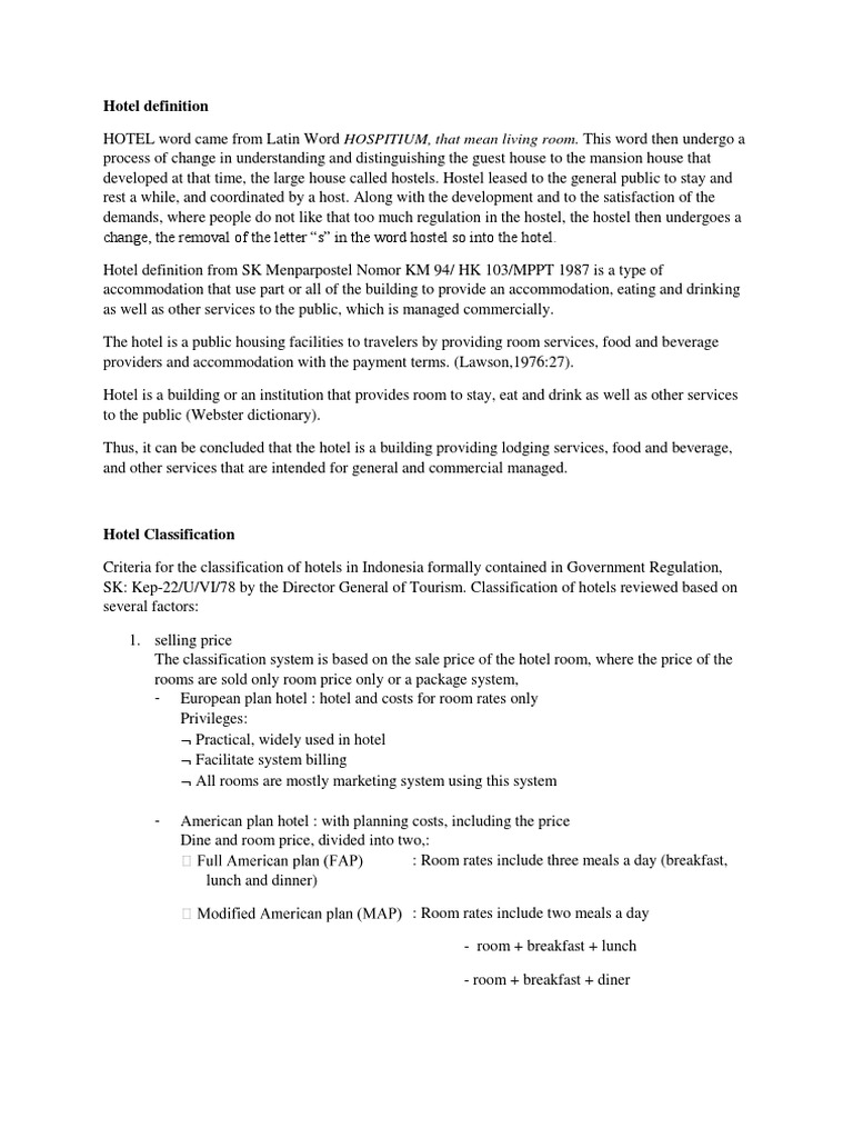 Definition and Classification of Hotels | PDF
