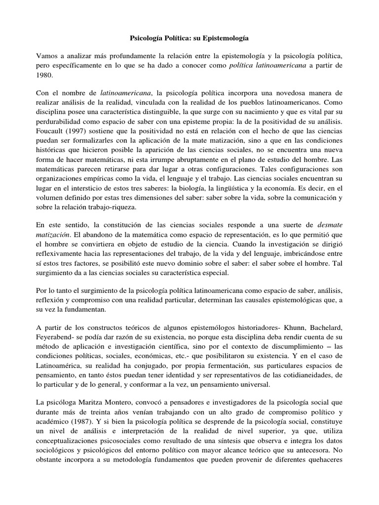 Epistemología de la Psicología Política | PDF | Sicología | Verdad