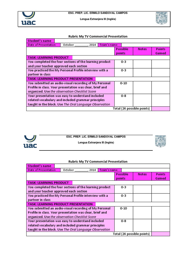 TV Commercial Presentation Rubric | PDF