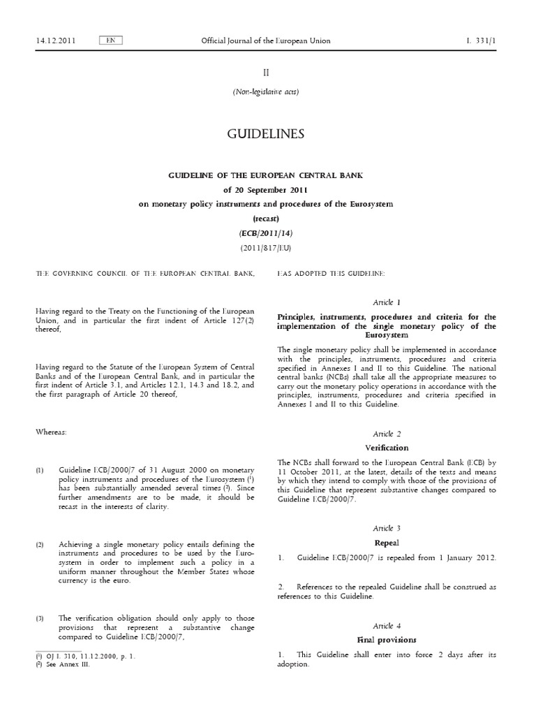 Guideline On Eurosystem | PDF | Open Market Operation | European ...
