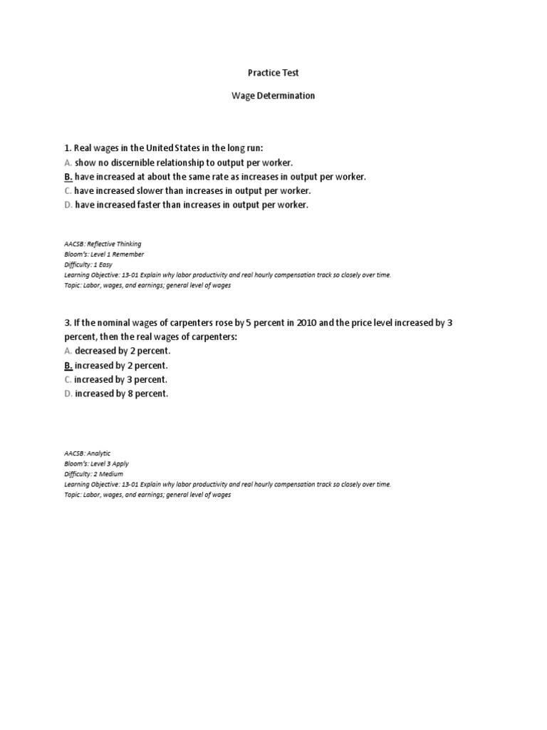 CH 14 - Wage Determination - Practice Test W Ans and Diff Level | PDF ...