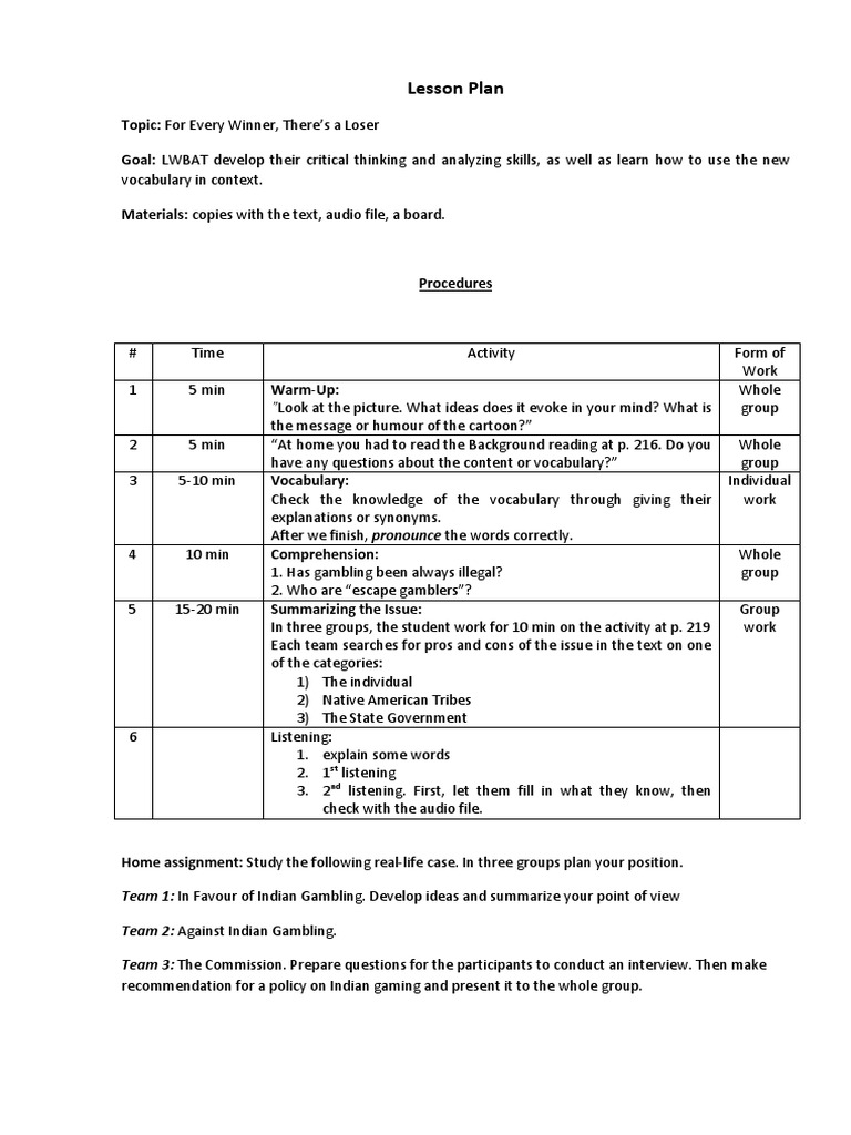 Lesson Plan. For Every Winner There Is A Loser | PDF | Vocabulary ...