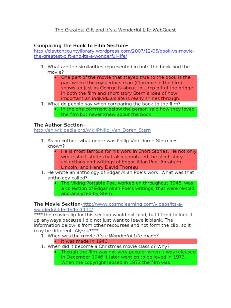 The Greatest Gift and It's A Wonderful Life WebQuest Comparing | PDF ...