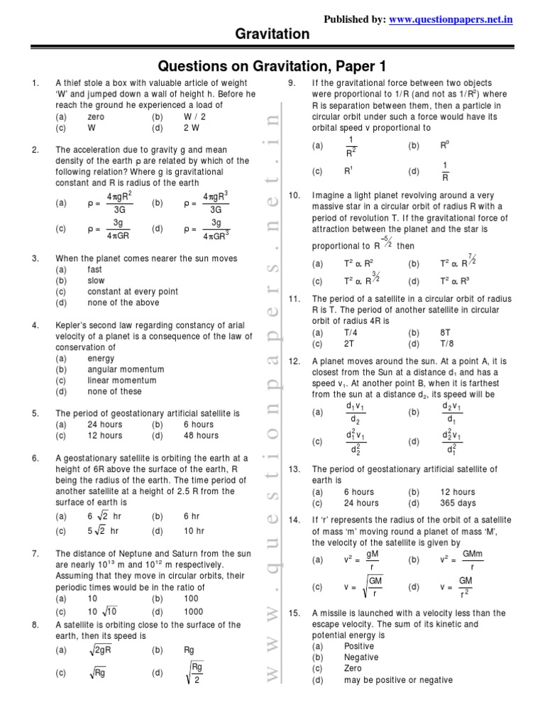 Gravitation Questions On Gravitation, Paper 1: G 3 GR 4 G 3 GR 4 | PDF