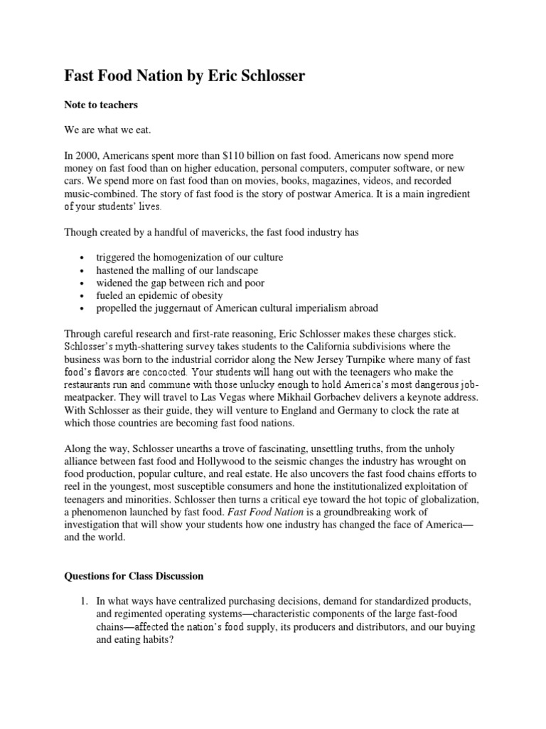 Fast Food Nation by Eric Schlosser - Discussion Questions | PDF | Fast ...