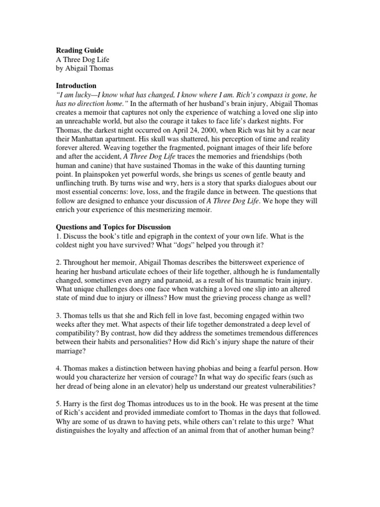 Three Dog Life by Abigail Thomas - Discussion Questions | PDF | Recall ...