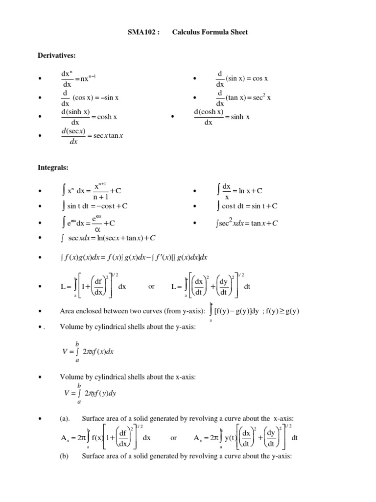 Calculus Formula Sheet Overview | PDF | Sine | Volume