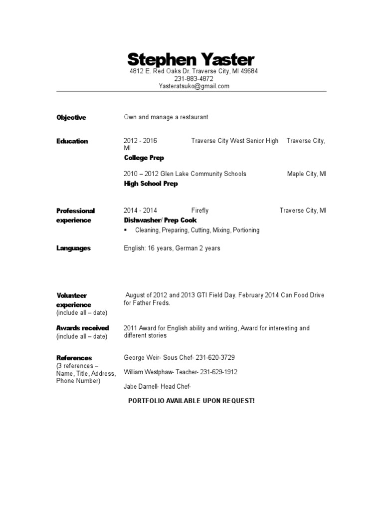 Stephen Yaster: Restaurant Management Resume | PDF | Sports & Recreation