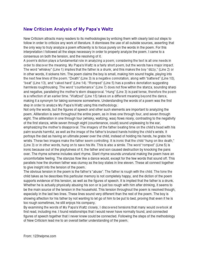 New Criticism Analysis of My Papa Waltz | PDF | Poetry | Rhyme