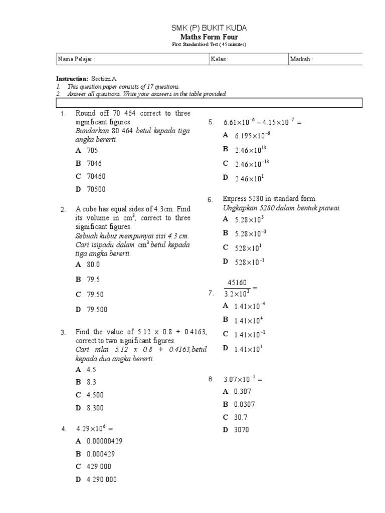 Maths Form Four Standardised Test Questions and Answers | PDF