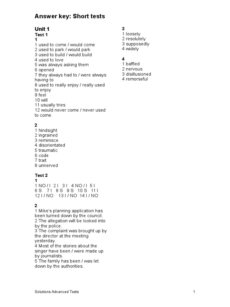 Solutions Advanced Tests Answer Key | PDF | Social Science