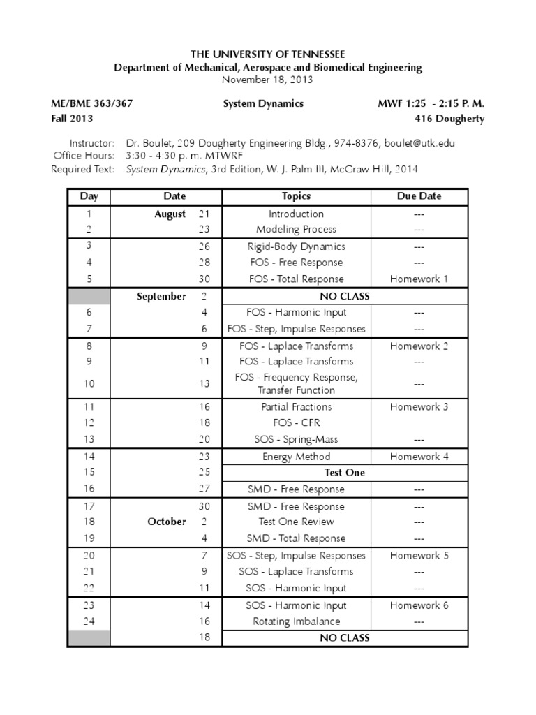 Me-363-Syllabus 20131118 | PDF | Homework | Laplace Transform
