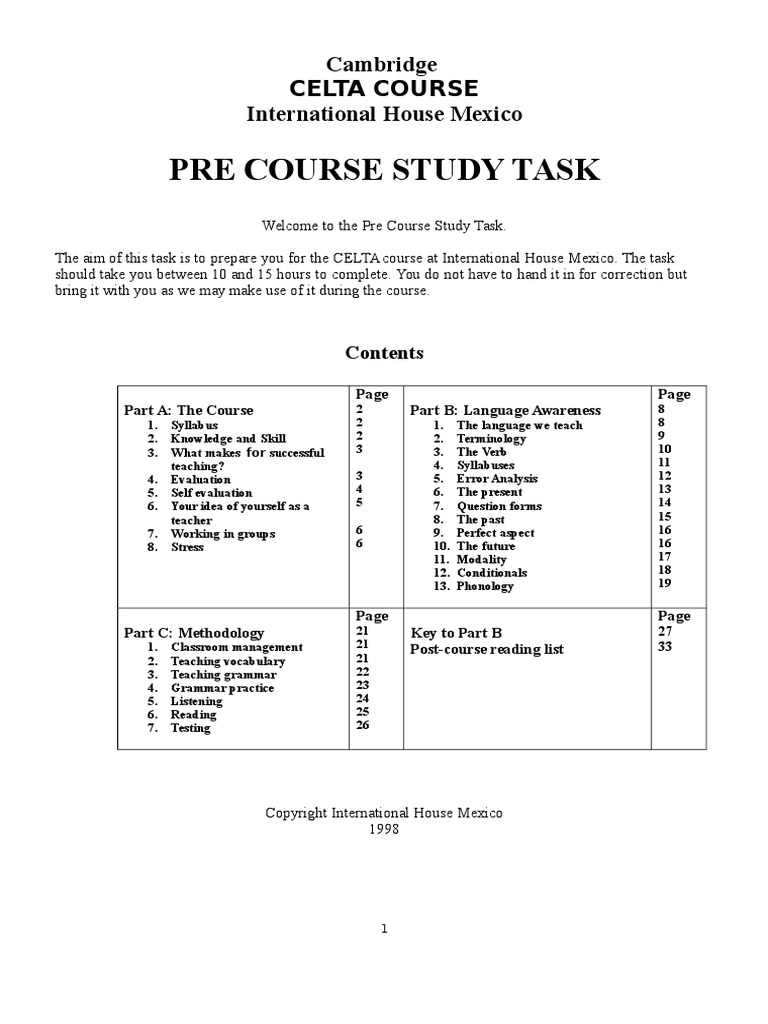 Pre Course Study Task: Cambridge Celta Course International House Mexico | PDF | Educational ...