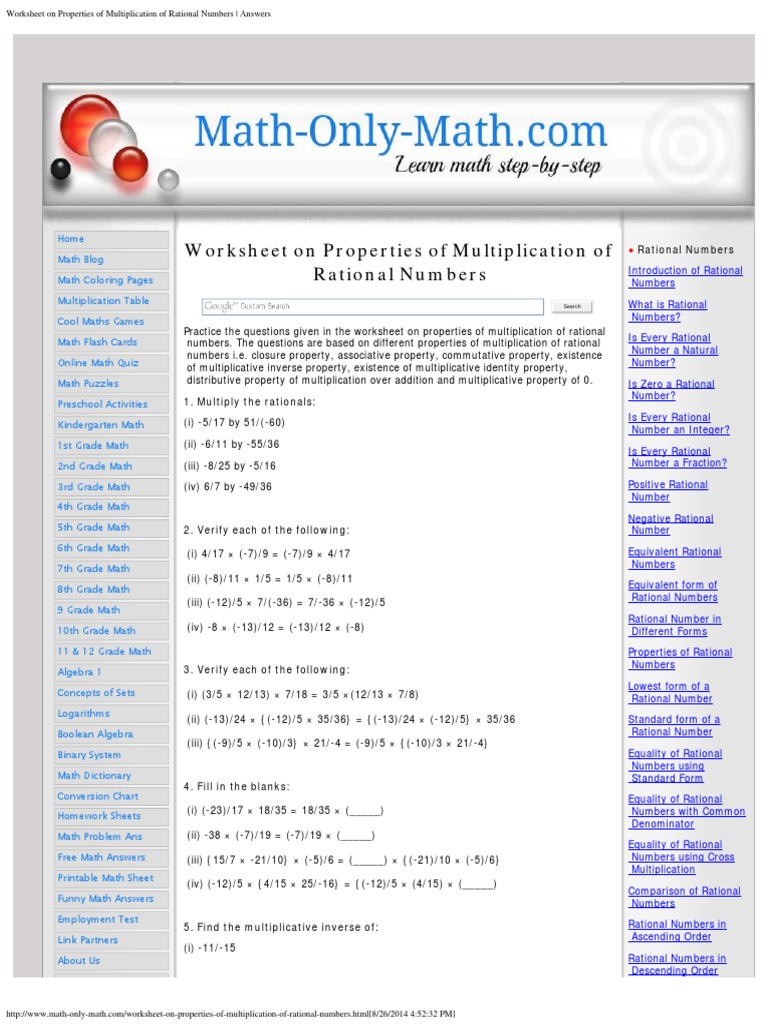 Worksheet On Properties of Multiplication of Rational Numbers - Answers ...