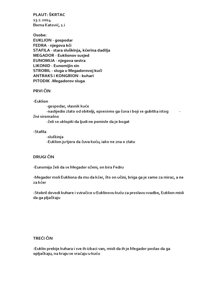 Dnevnik Citanja, Plaut: Skrtac | PDF