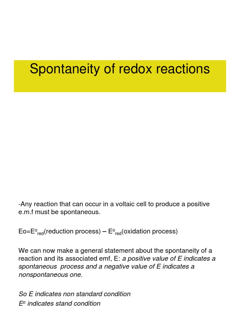 Spontaneity of Redox Reactions | PDF | Electrochemistry | Redox