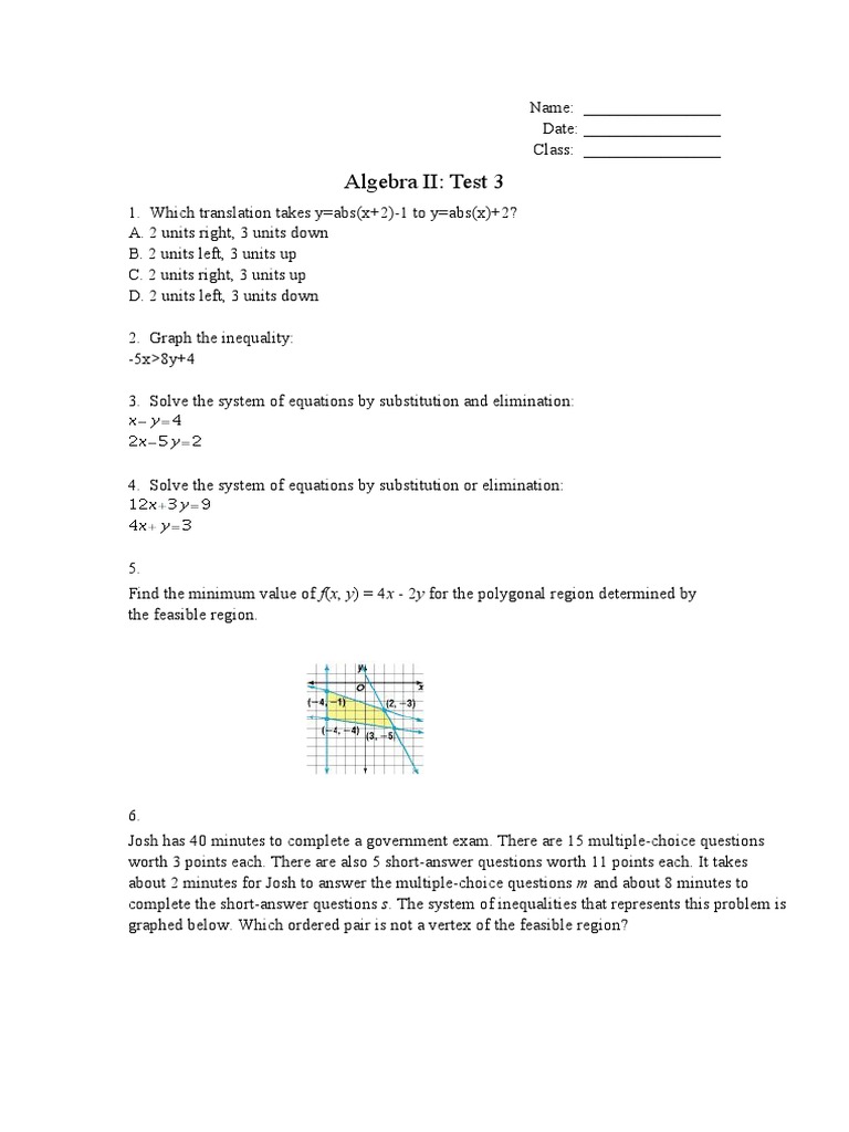 Algebra II Test 3 Questions | PDF | Teaching Methods & Materials
