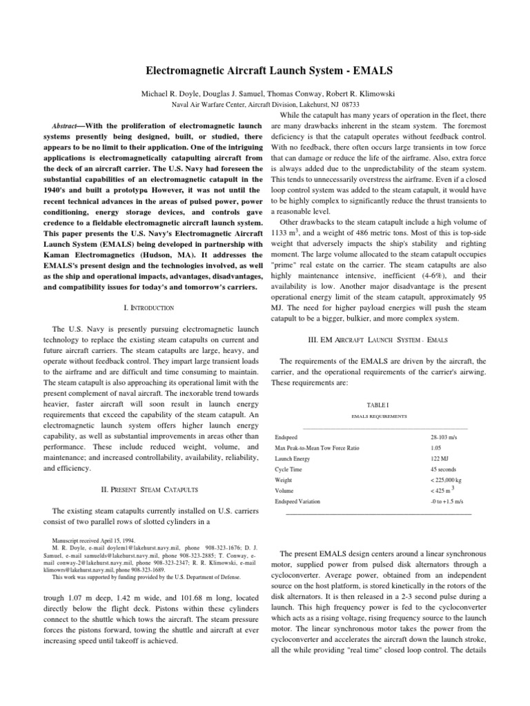 Electromagnetic Aircraft Launch System - EMALS: Naval Air Warfare ...